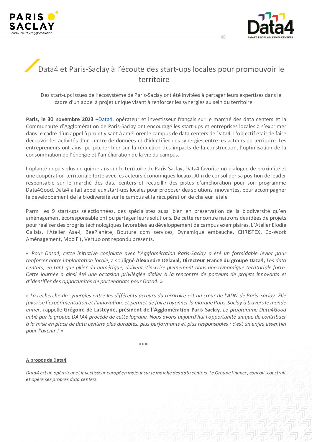 Data4 et Paris-Saclay à l’écoute des start-ups locales pour promouvoir ...