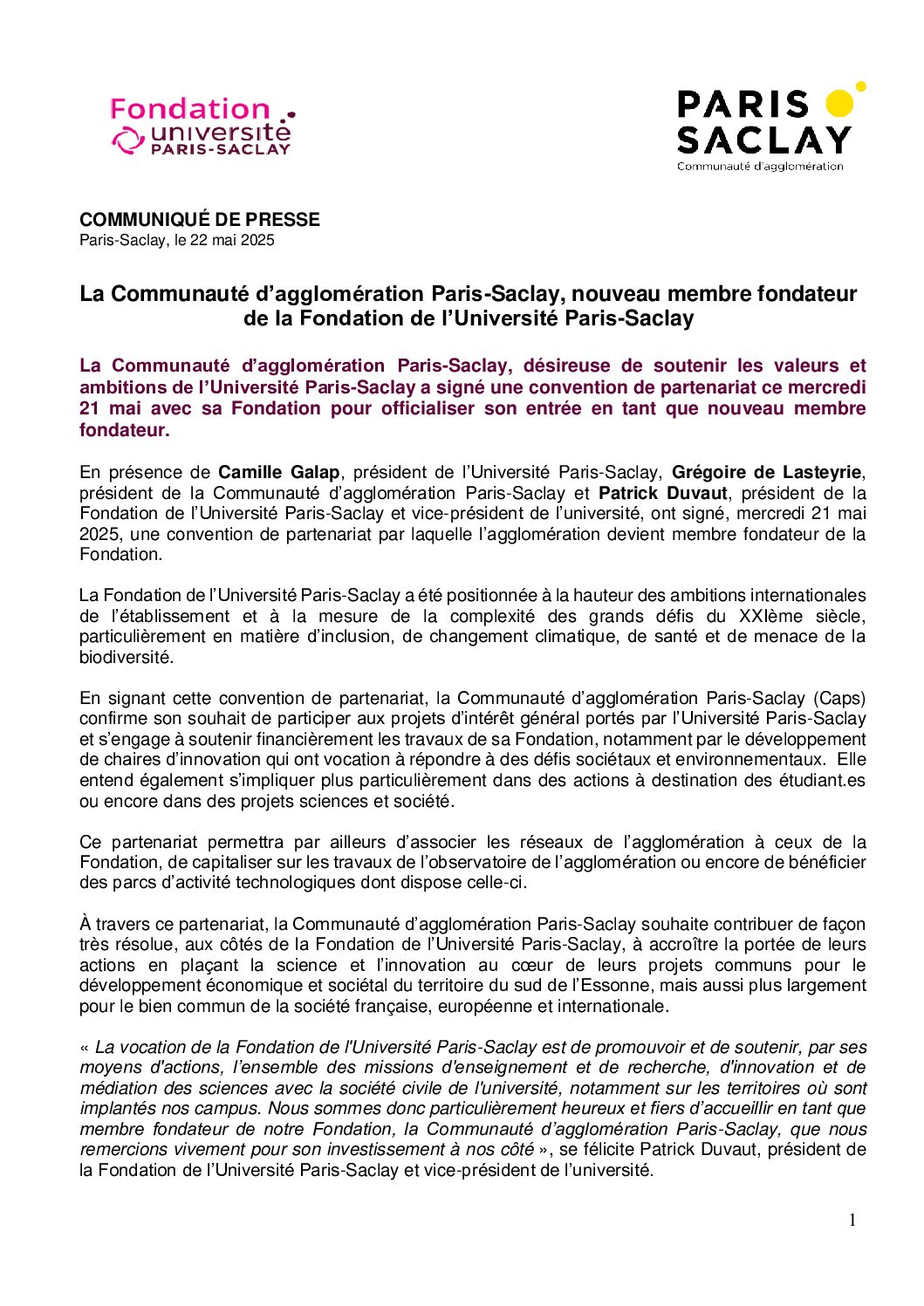 Signature protocolaire de la convention Fondation UPS et agglo Paris ...